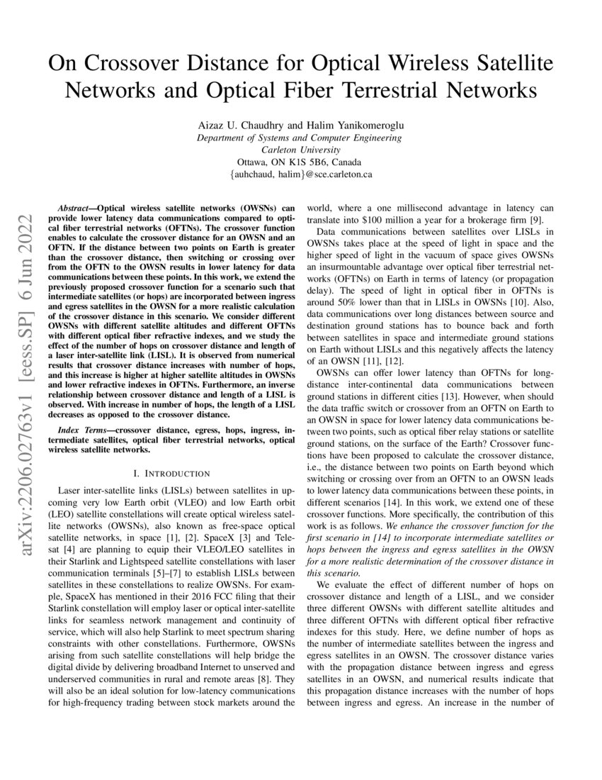 On Crossover Distance for Optical Wireless Satellite Networks and ...
