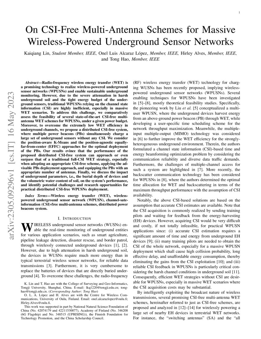 On Csi Free Multi Antenna Schemes For Massive Wireless Powered Underground Sensor Networks Deepai 
