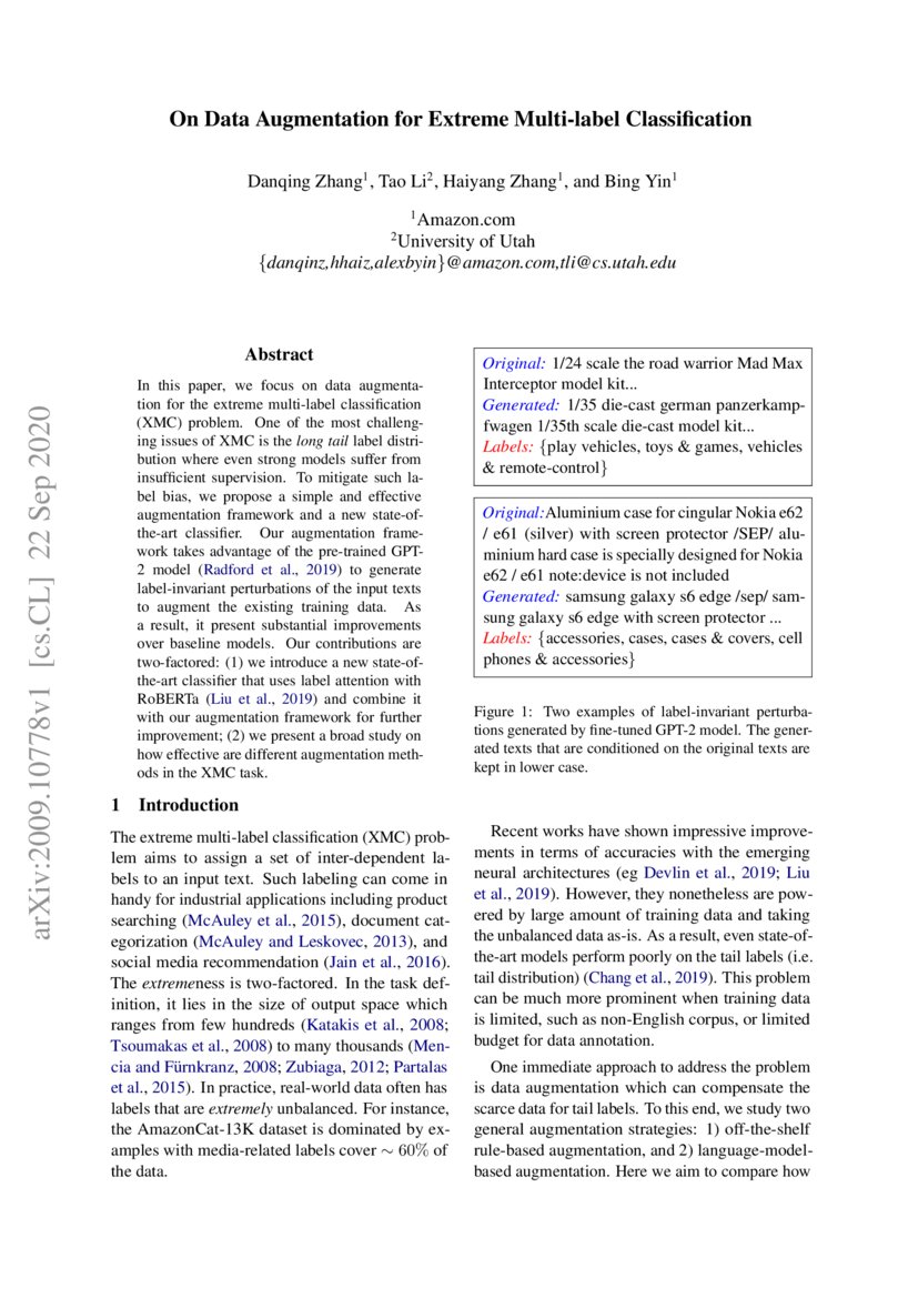 On Data Augmentation for Extreme Multi-label Classification | DeepAI