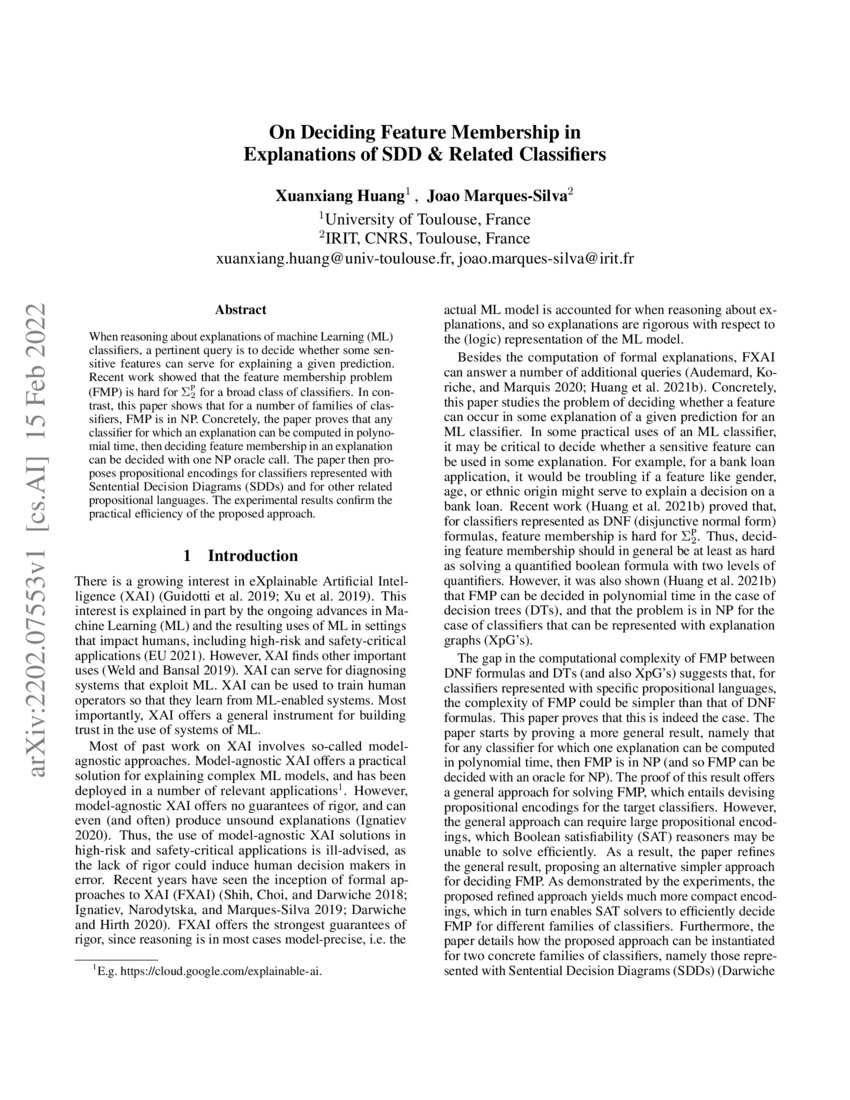 On Deciding Feature Membership in Explanations of SDD Related Classifiers | DeepAI