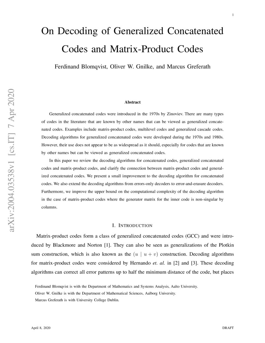 On Decoding Of Generalized Concatenated Codes And Matrix Product Codes Deepai