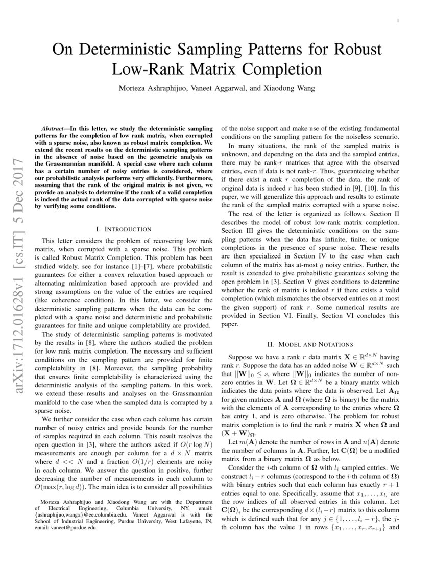 On Deterministic Sampling Patterns For Robust Low Rank Matrix Completion Deepai