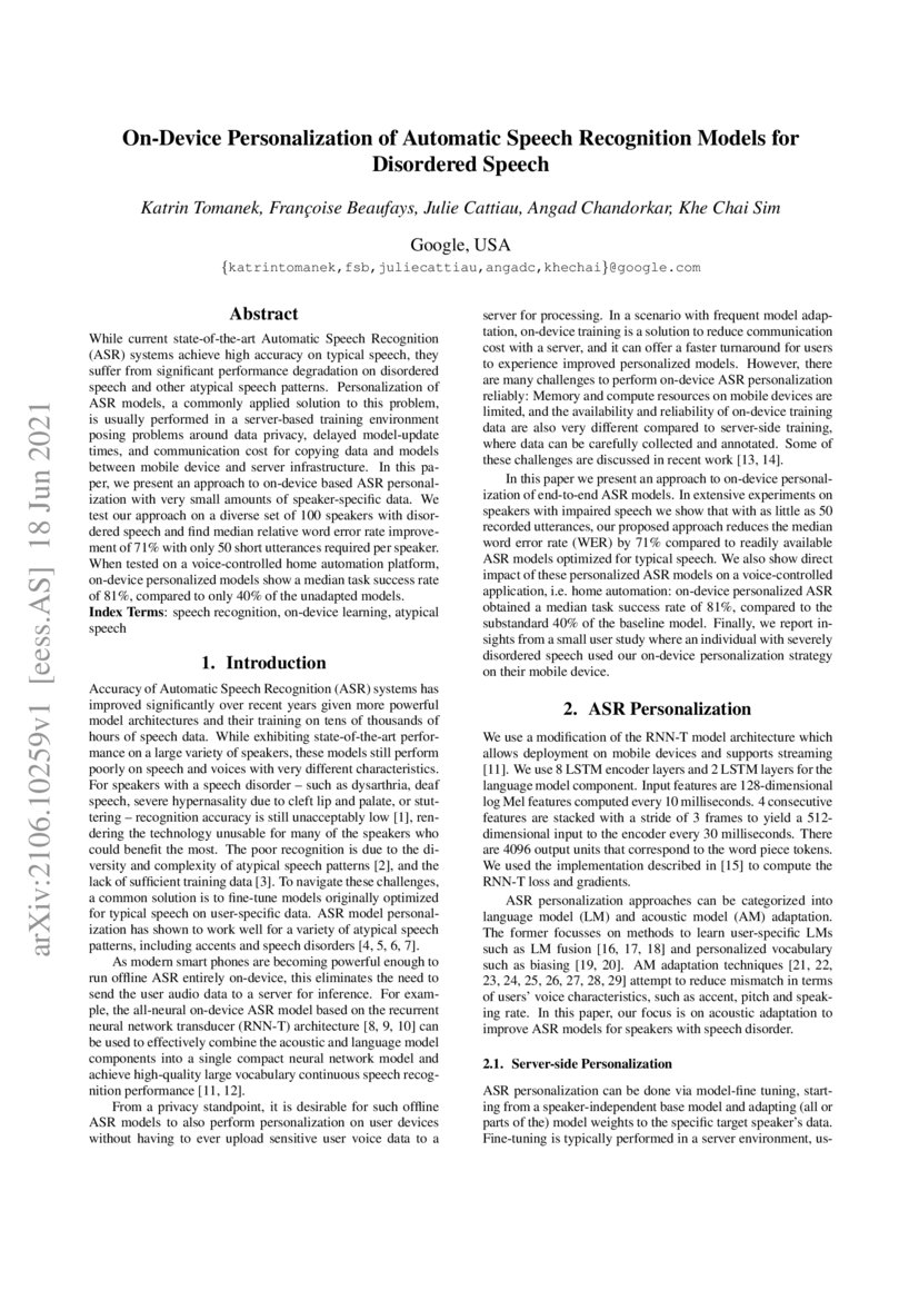 On Device Personalization Of Automatic Speech Recognition Models For Disordered Speech Deepai 1011