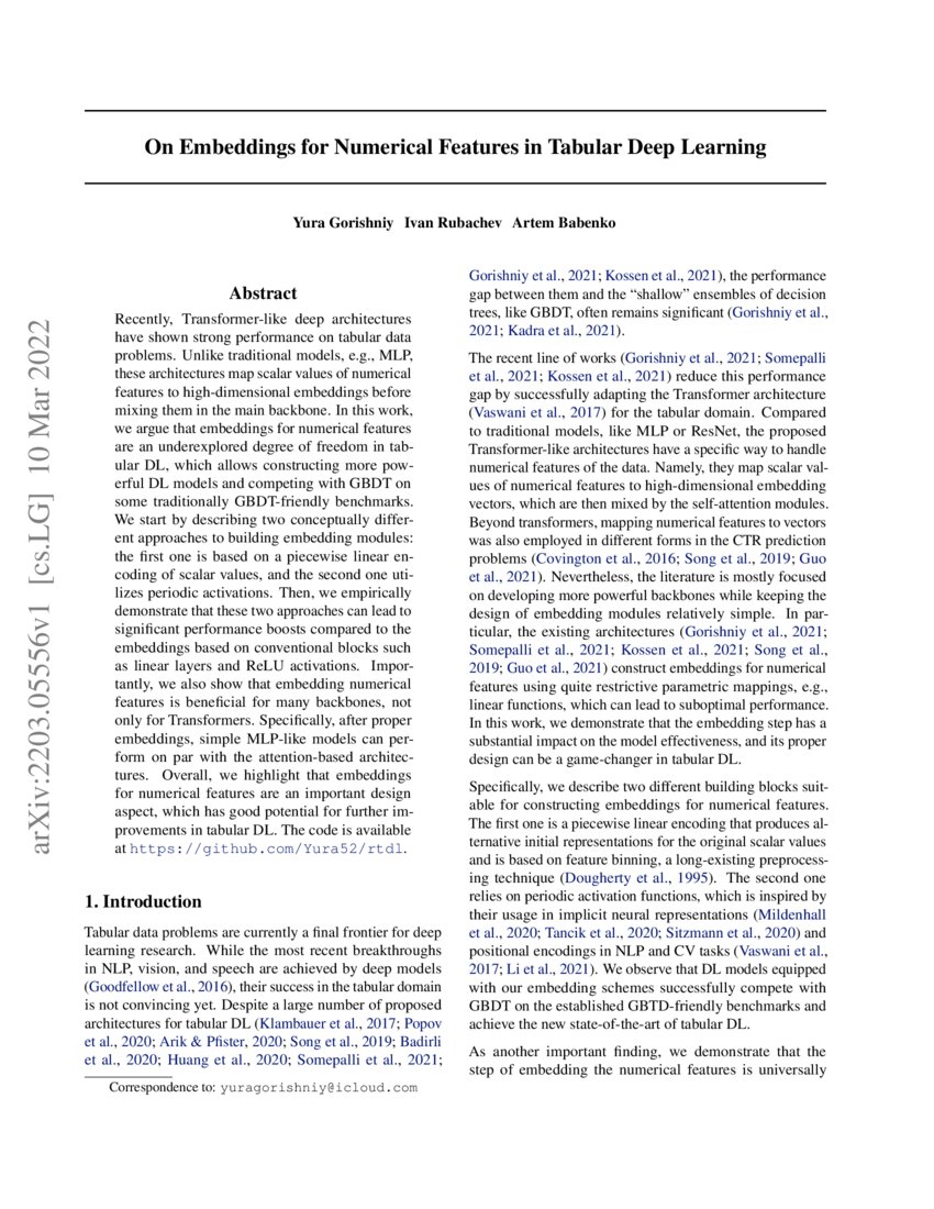 On Embeddings For Numerical Features In Tabular Deep Learning Deepai