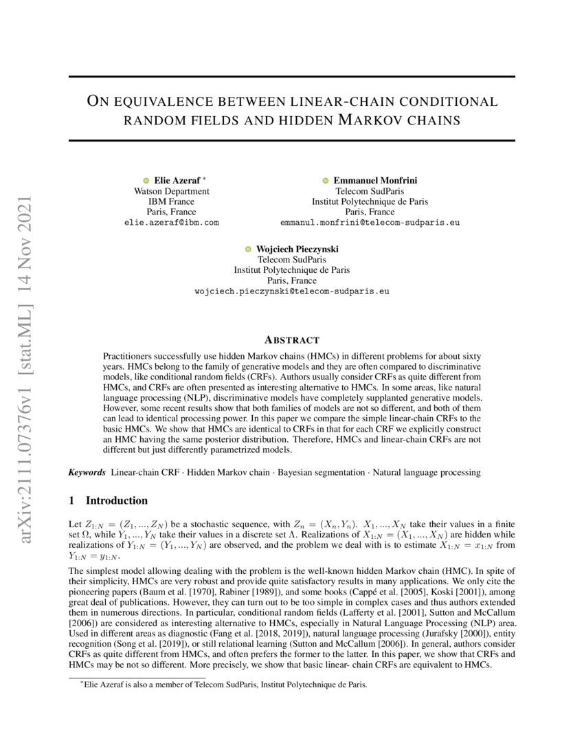 On Equivalence Between Linear Chain Conditional Random Fields And Hidden Markov Chains Deepai