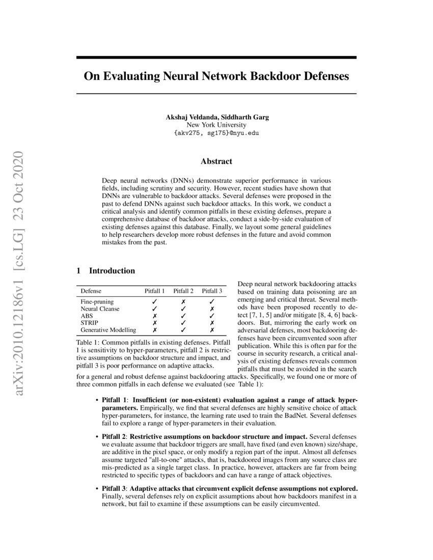 On Evaluating Neural Network Backdoor Defenses | DeepAI