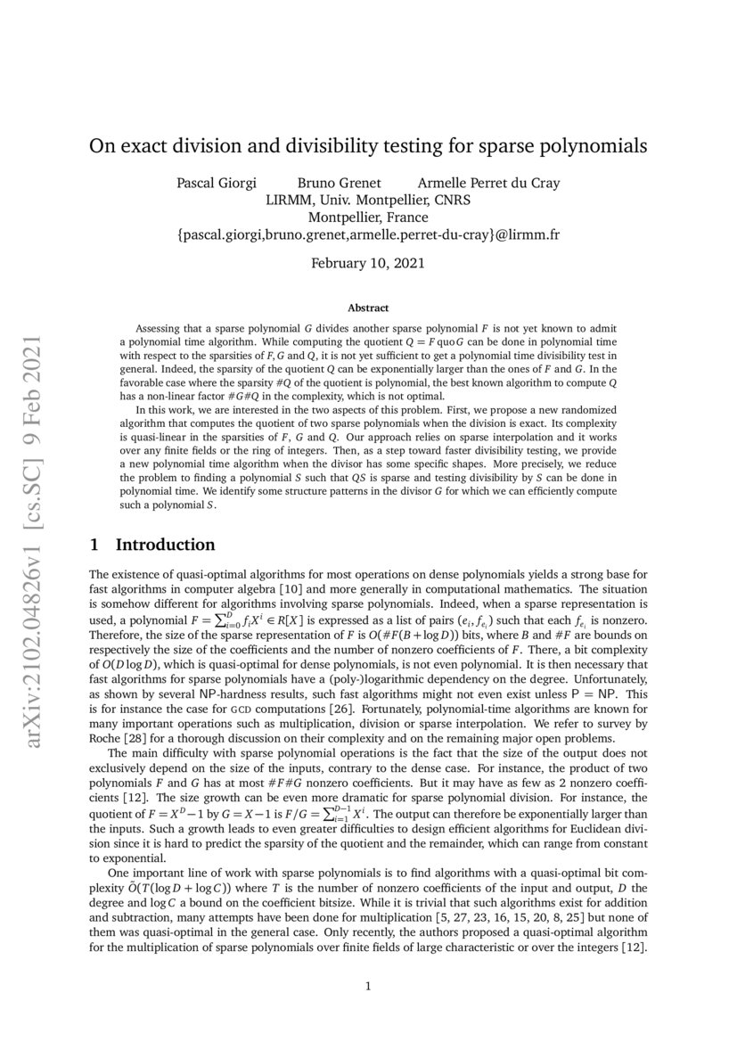 On exact division and divisibility testing for sparse polynomials | DeepAI