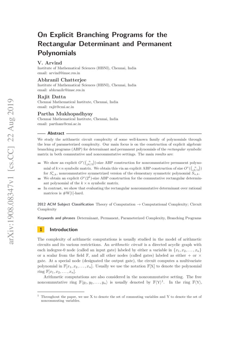 On Explicit Branching Programs for the Rectangular Determinant and ...