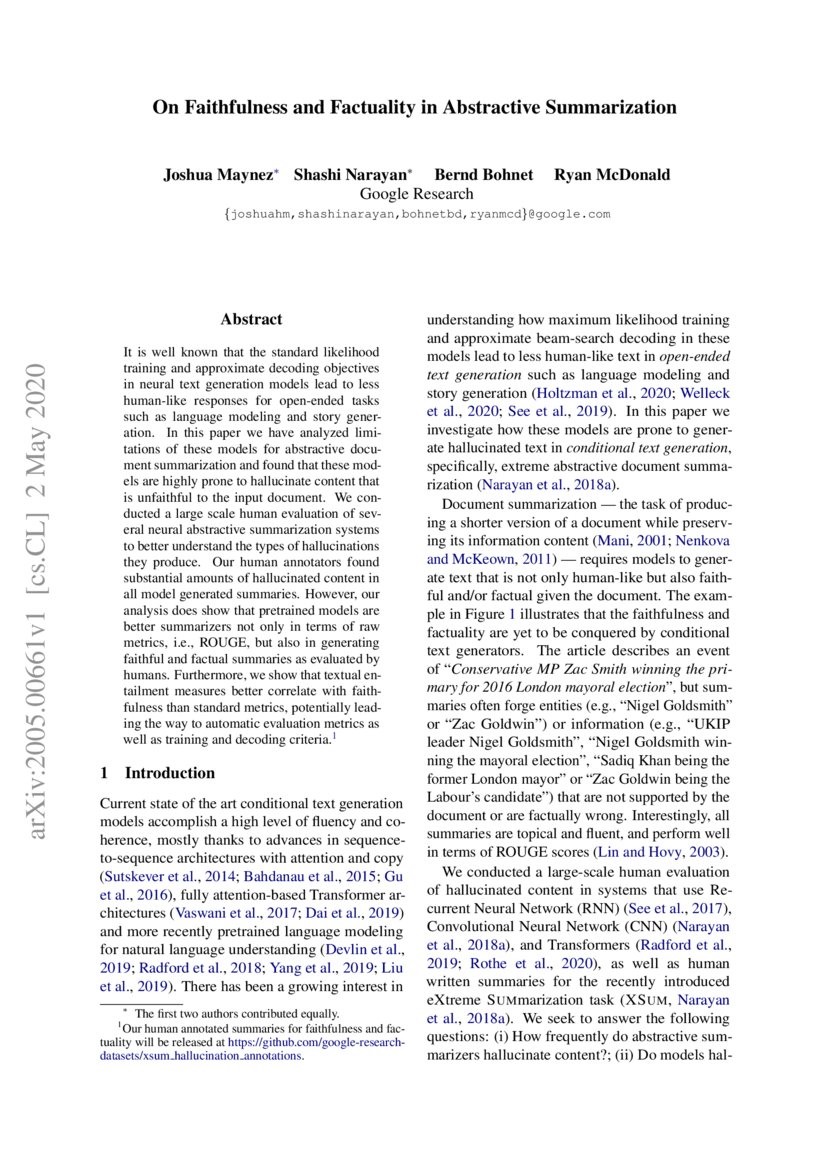 On Faithfulness And Factuality In Abstractive Summarization Deepai