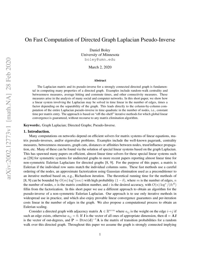 On Fast Computation of Directed Graph Laplacian Pseudo-Inverse | DeepAI