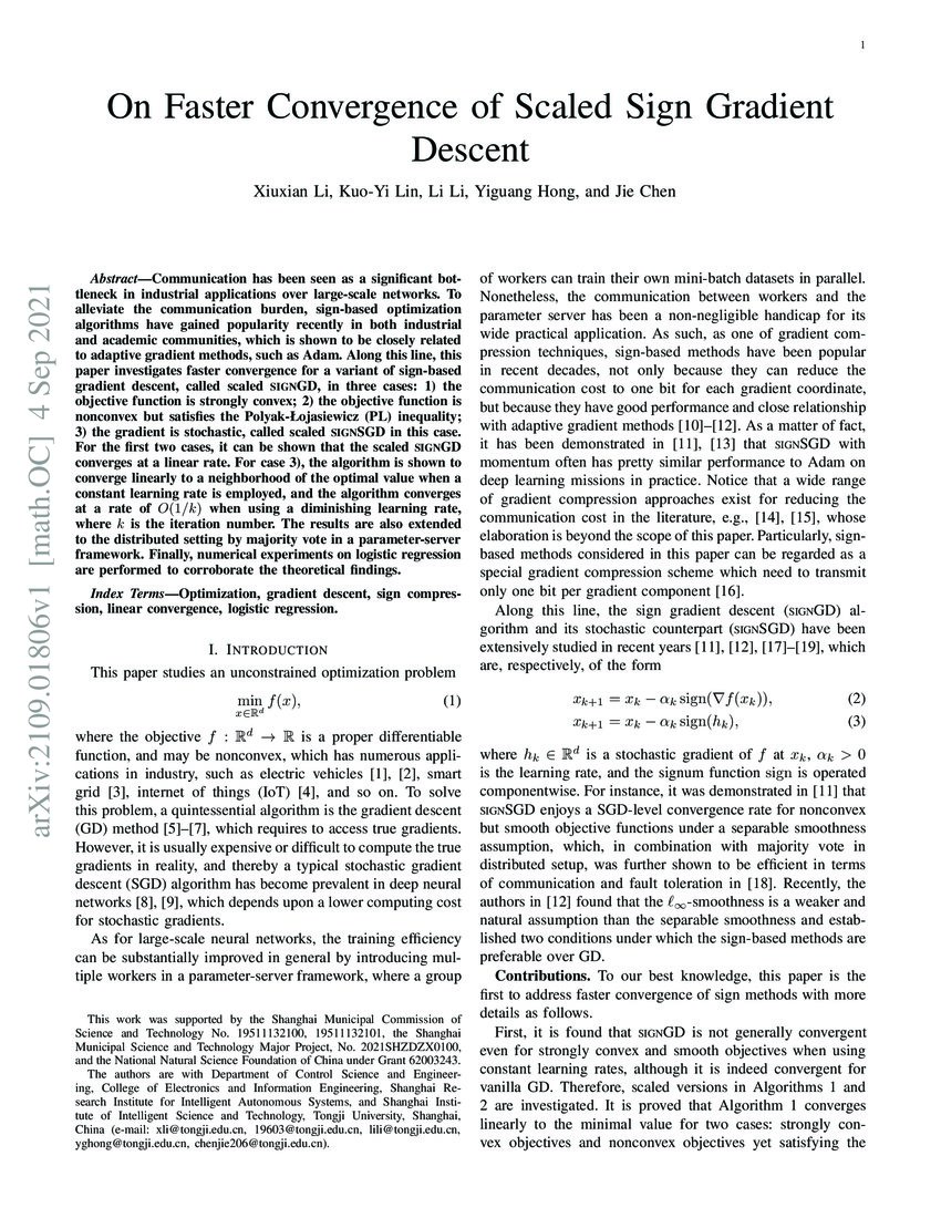 On Faster Convergence of Scaled Sign Gradient Descent | DeepAI