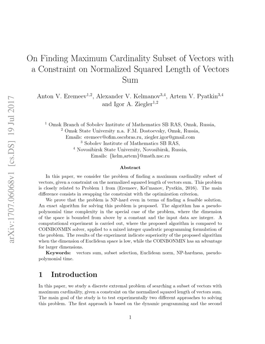 On Finding Maximum Cardinality Subset of Vectors with a Constraint on ...
