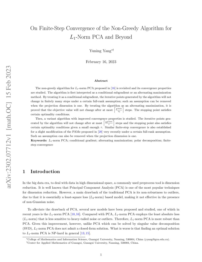 On Finite Step Convergence Of The Non Greedy Algorithm For L1 Norm Pca And Beyond Deepai