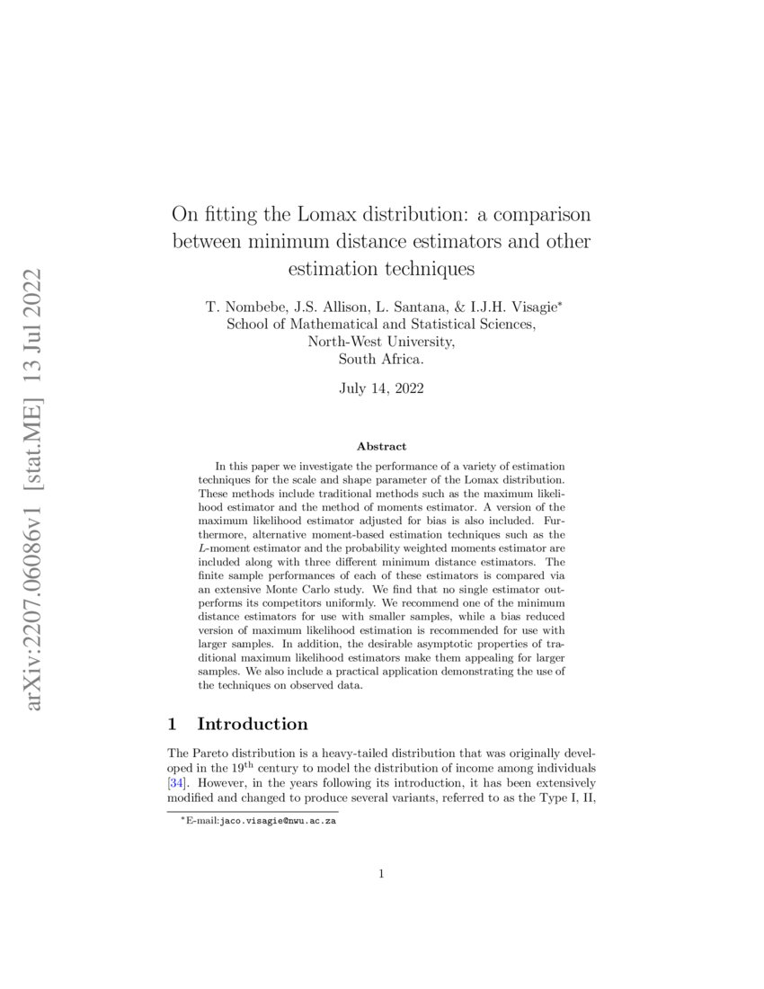 On Fitting The Lomax Distribution A Comparison Between Minimum Distance Estimators And Other