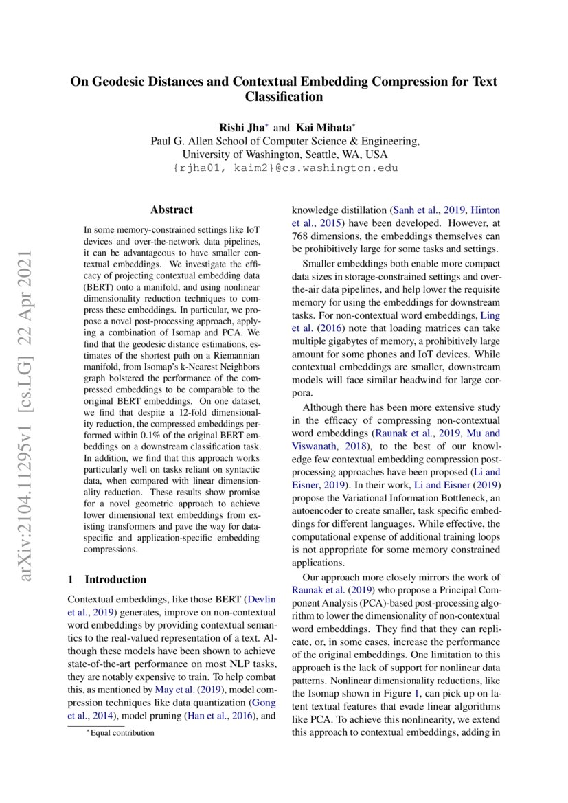 On Geodesic Distances And Contextual Embedding Compression For Text Classification Deepai