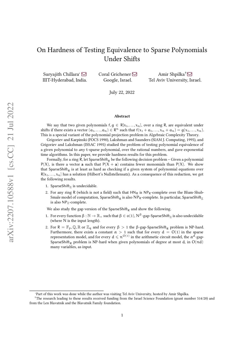 On Hardness of Testing Equivalence to Sparse Polynomials Under Shifts ...