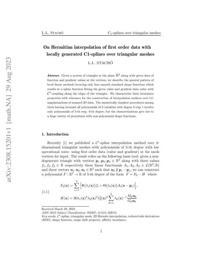 On Hermitian Interpolation Of First Order Data With Locally Generated C1 Splines Over Triangular 