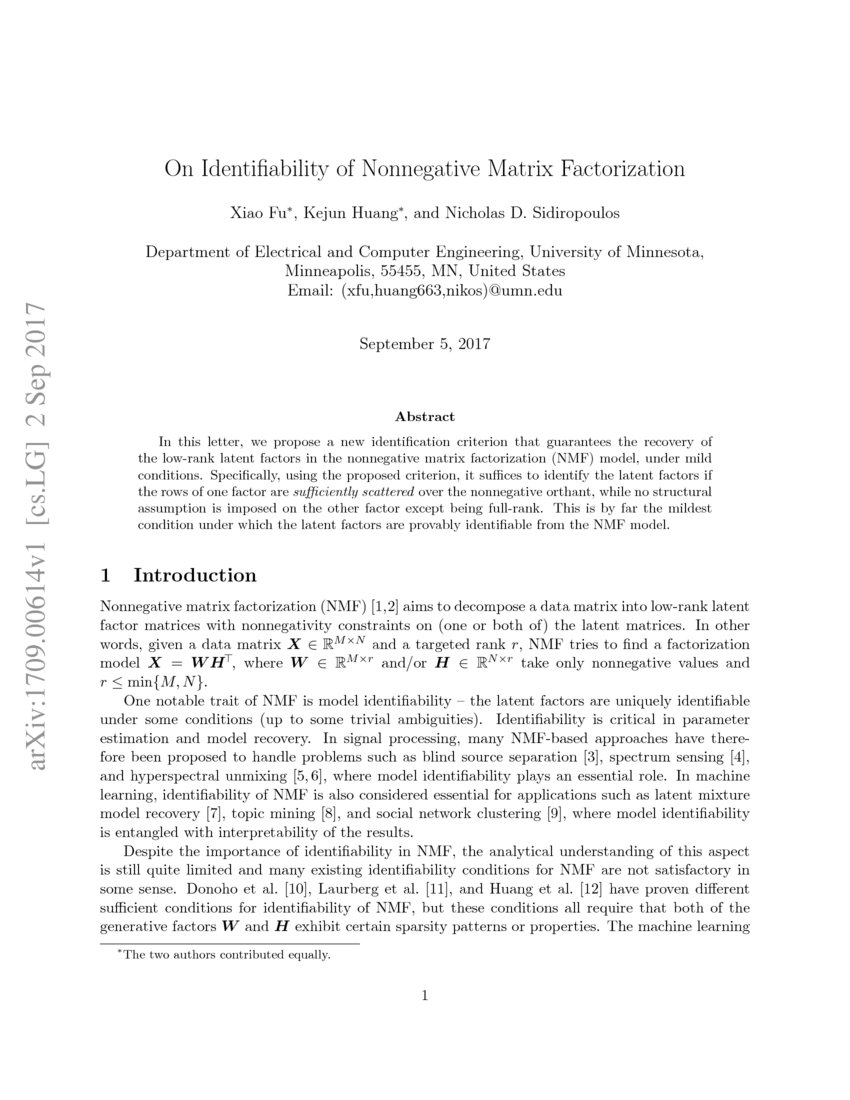 On Identifiability Of Nonnegative Matrix Factorization Deepai 