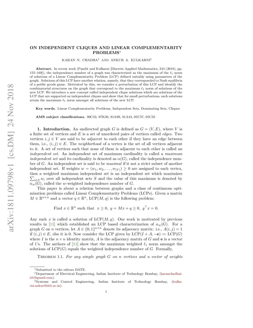 On Independent Cliques and Linear Complementarity Problems | DeepAI