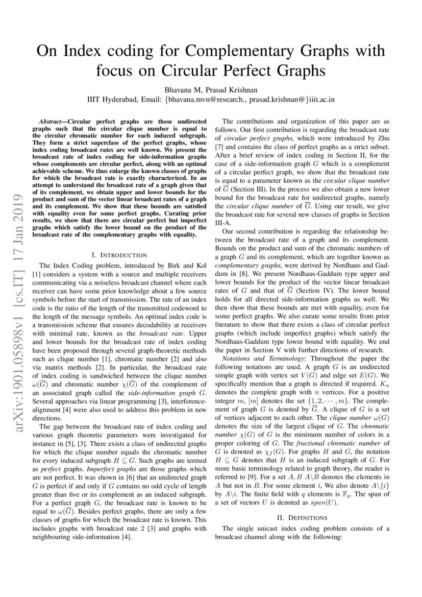 On Index Coding For Complementary Graphs With Focus On Circular Perfect Graphs Deepai