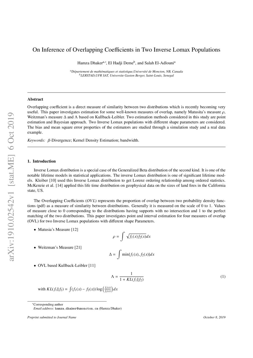 On Inference Of Overlapping Coefficients In Two Inverse Lomax Populations Deepai