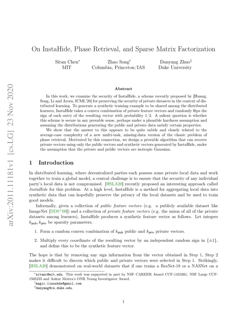 On Instahide Phase Retrieval And Sparse Matrix Factorization Deepai 