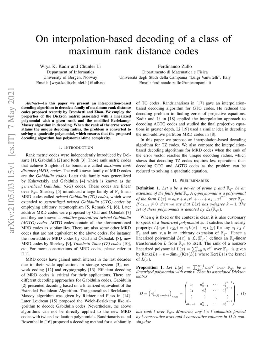 On Interpolation Based Decoding Of A Class Of Maximum Rank Distance Codes Deepai