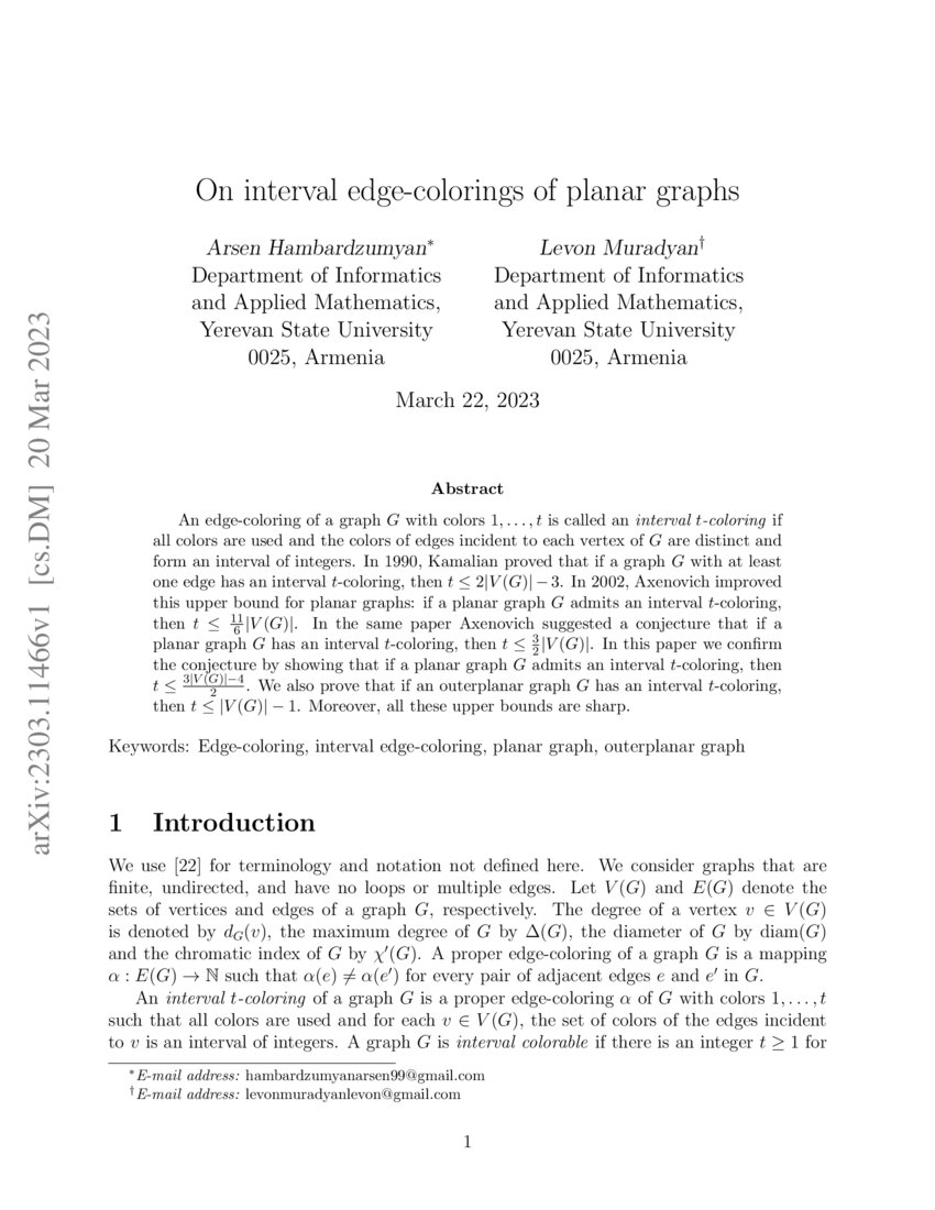 On interval edge-colorings of planar graphs | DeepAI On interval edge-colorings of planar graphs | DeepAI