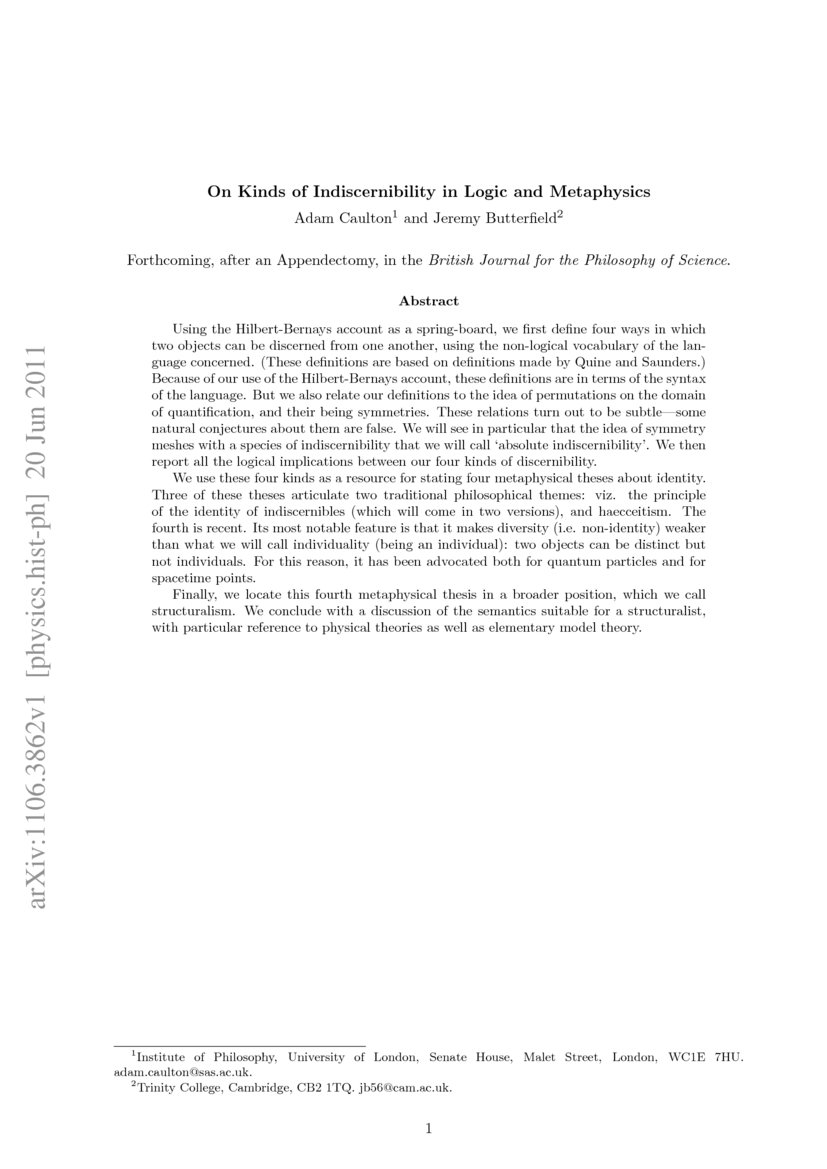 On Kinds of Indiscernibility in Logic and Metaphysics | DeepAI