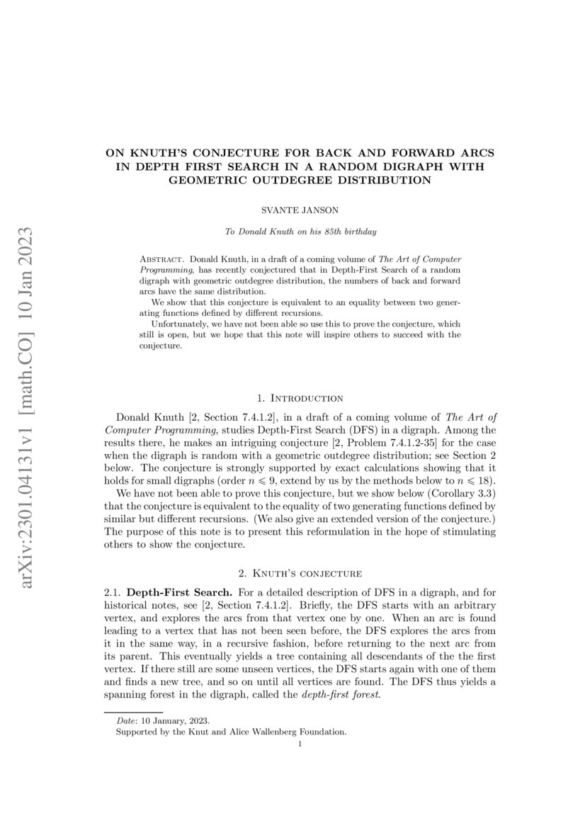 On Knuth's conjecture for back and forward arcs in Depth First Search in a random digraph with ...