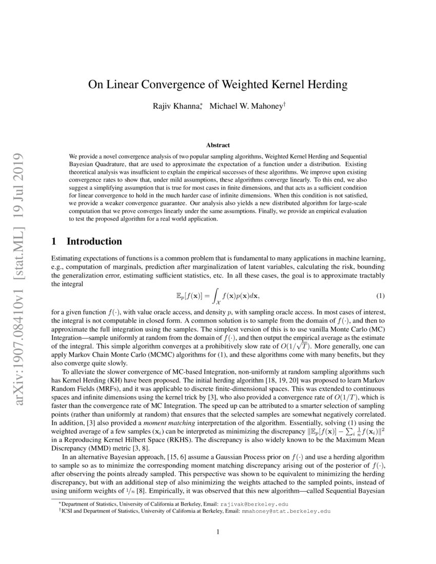 On Linear Convergence of Weighted Kernel Herding | DeepAI