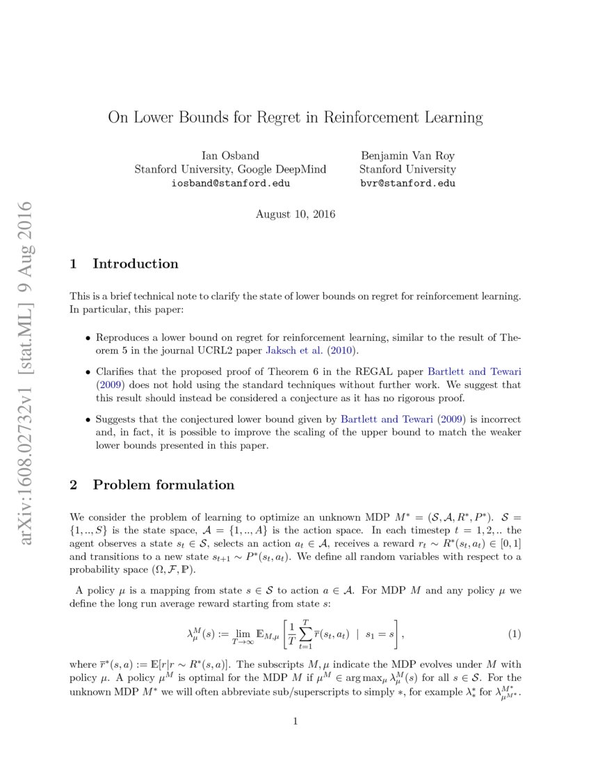 On Lower Bounds for Regret in Reinforcement Learning | DeepAI On Lower Bounds for Regret in Reinforcement Learning | DeepAI