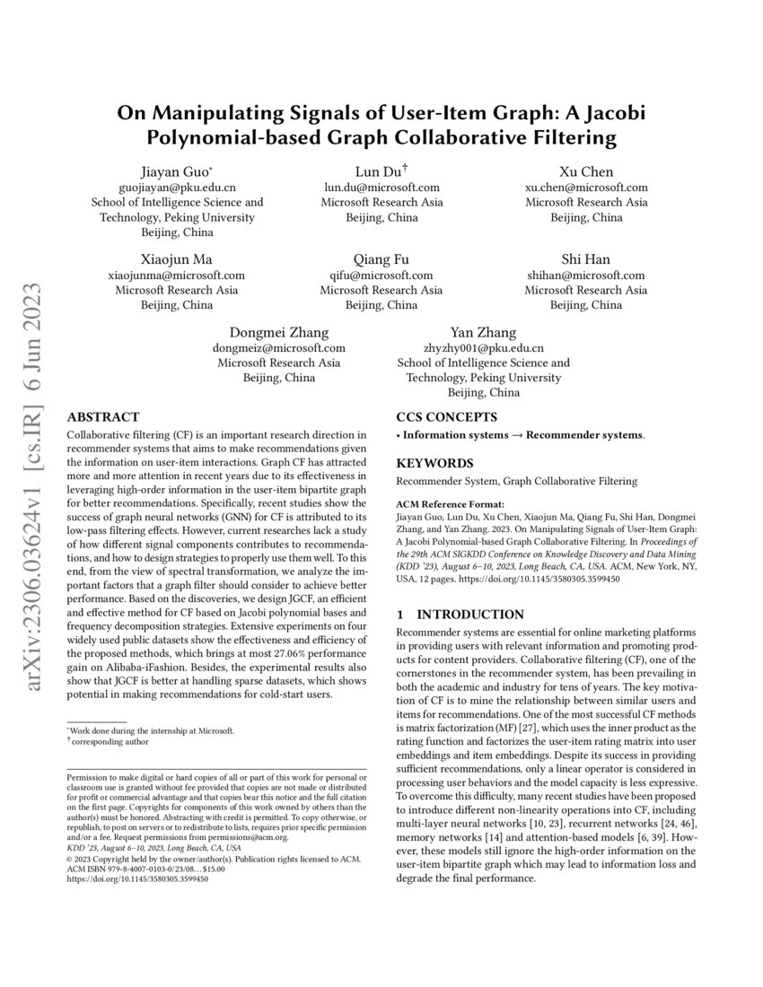 On Manipulating Signals of User-Item Graph: A Jacobi Polynomial-based Graph Collaborative ...