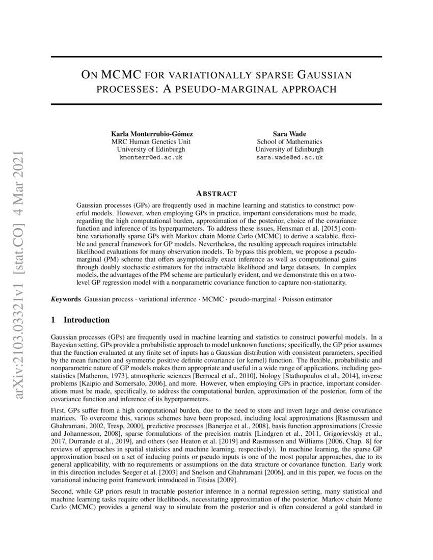 On Mcmc For Variationally Sparse Gaussian Processes A Pseudo Marginal Approach Deepai