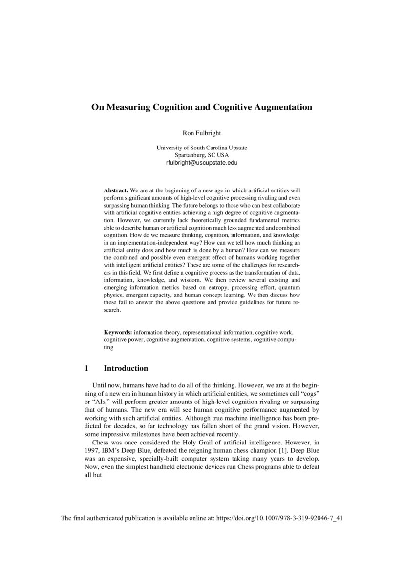 On Measuring Cognition And Cognitive Augmentation Deepai