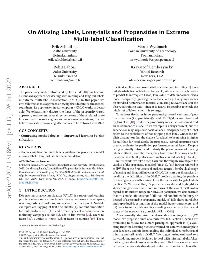 On Missing Labels, Long-tails and Propensities in Extreme Multi-label Classification | DeepAI