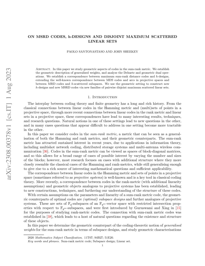 On MSRD codes, h-designs and disjoint maximum scattered linear sets | DeepAI