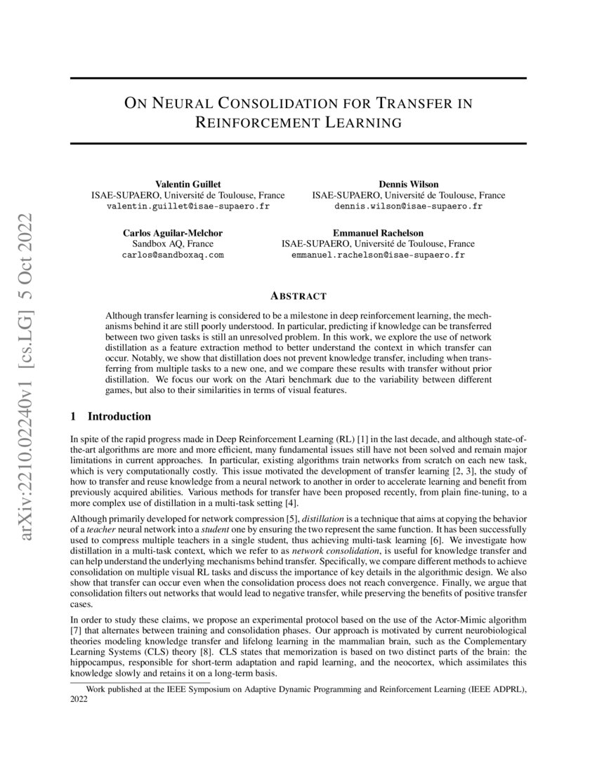 On Neural Consolidation for Transfer in Reinforcement Learning | DeepAI