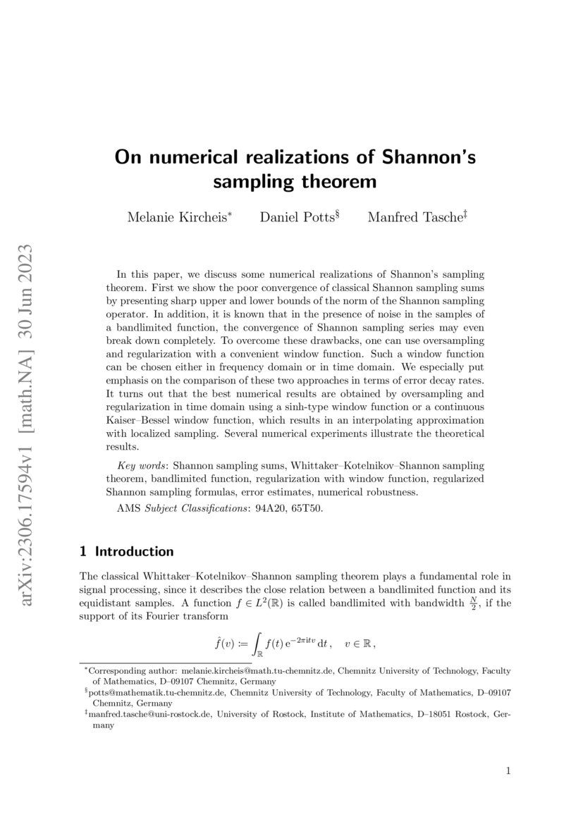 On Numerical Realizations Of Shannons Sampling Theorem Deepai