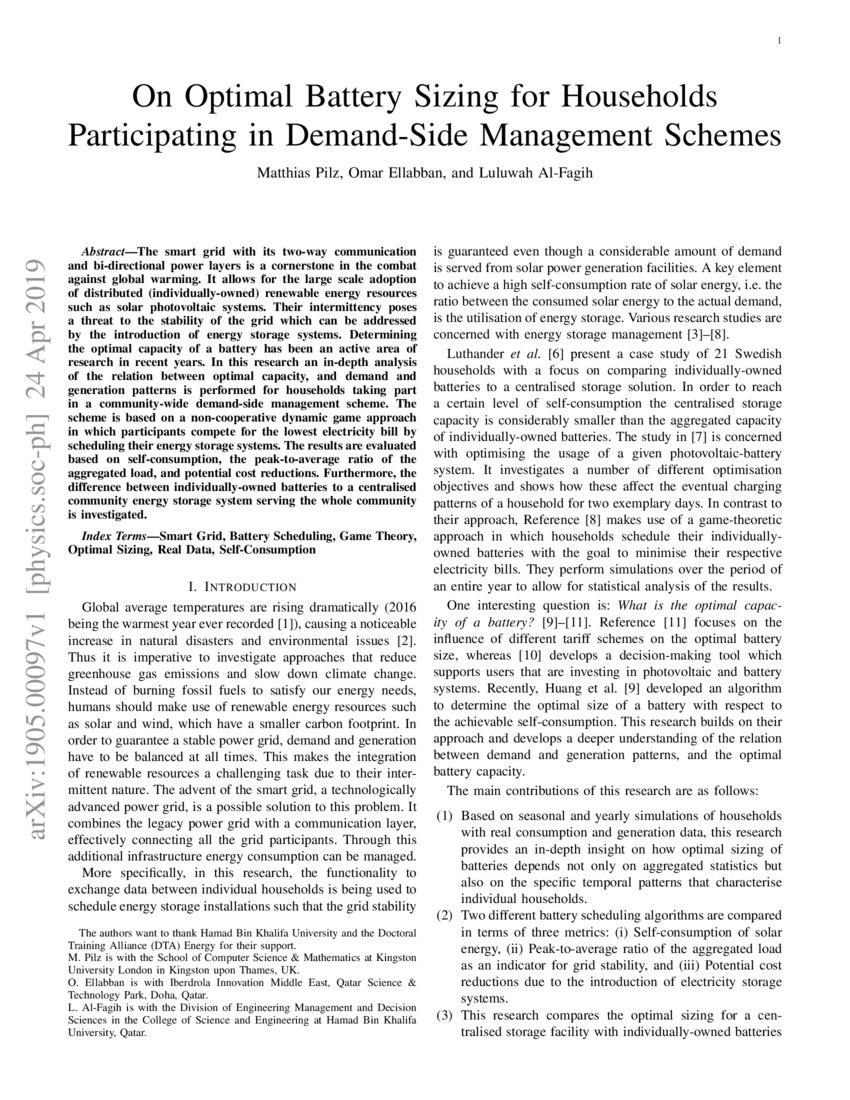 On Optimal Battery Sizing For Households Participating In Demand Side Management Schemes Deepai