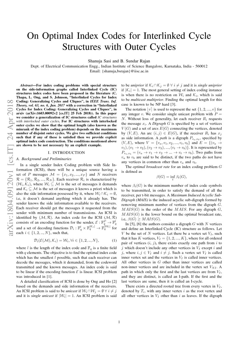 On Optimal Index Codes for Interlinked Cycle Structures with Outer Cycles | DeepAI