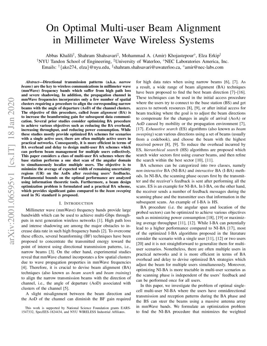 On Optimal Multi-user Beam Alignment in Millimeter Wave Wireless ...