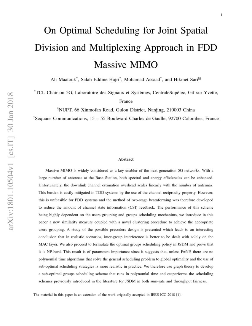 On Optimal Scheduling for Joint Spatial Division and Multiplexing Approach in FDD Massive MIMO ...