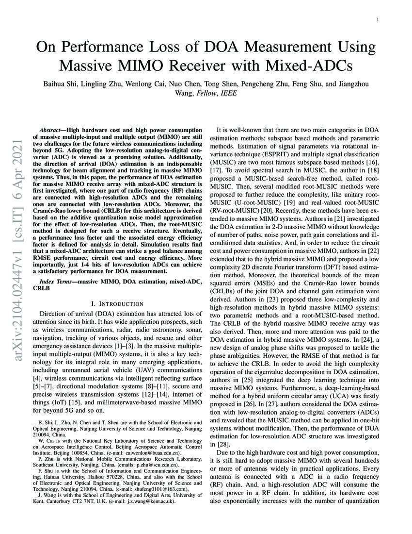 On Performance Loss Of Doa Measurement Using Massive Mimo Receiver With Mixed Adcs Deepai