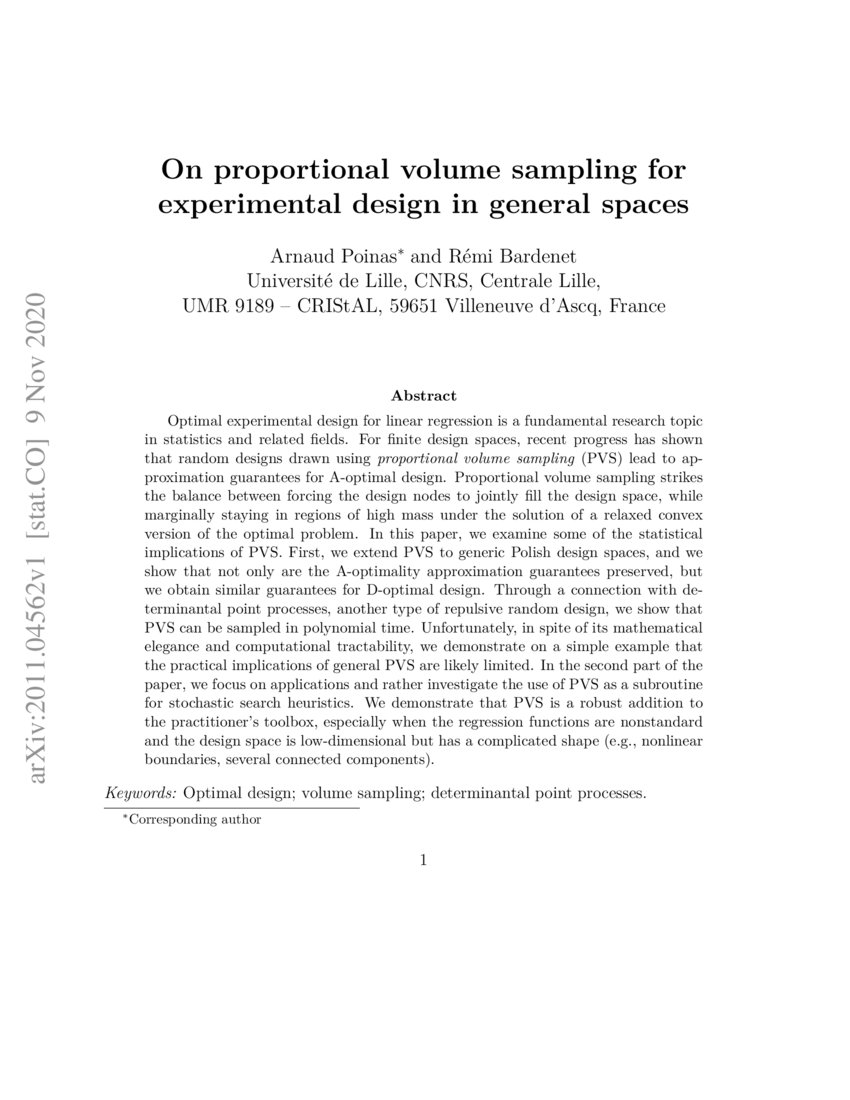 On proportional volume sampling for experimental design in general spaces | DeepAI