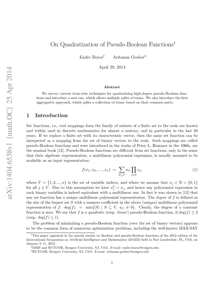 On Quadratization Of Pseudo Boolean Functions Deepai