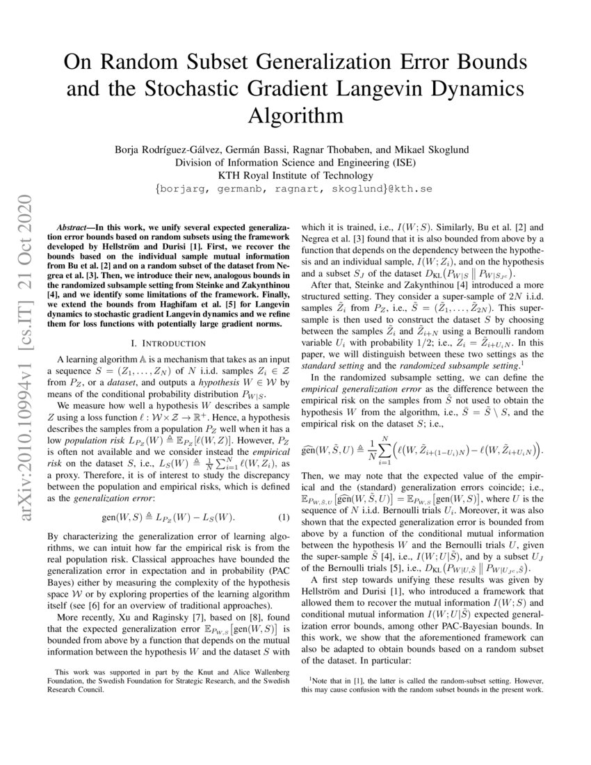 On Random Subset Generalization Error Bounds and the Stochastic Gradient Langevin Dynamics ...