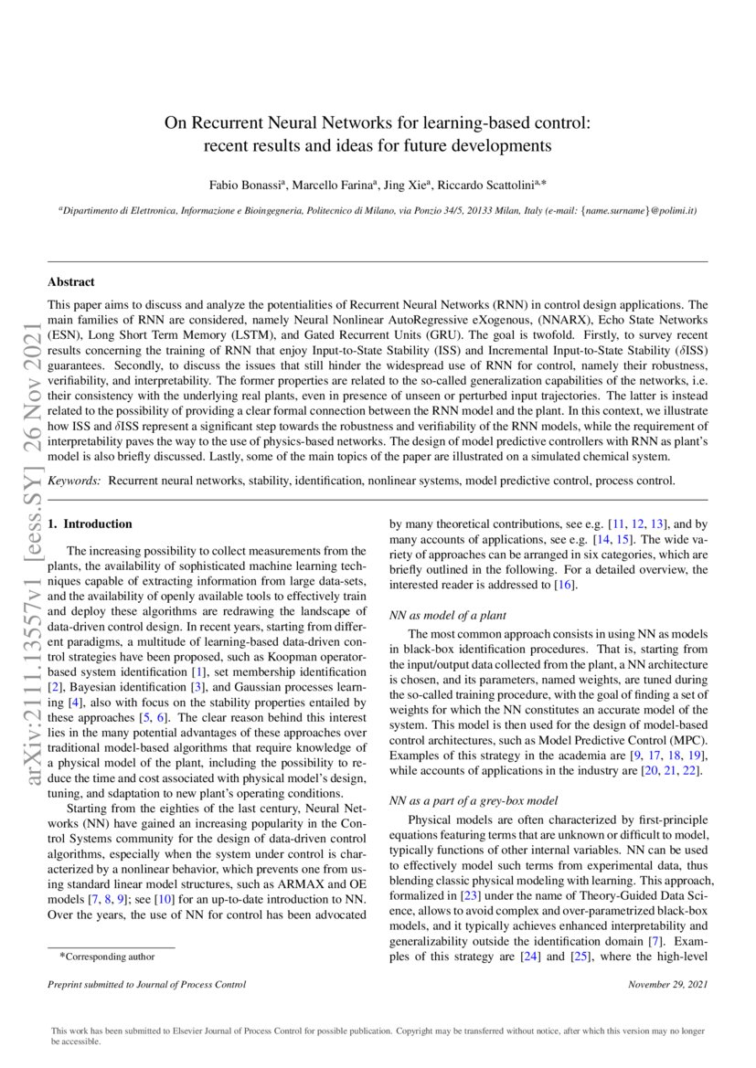 On Recurrent Neural Networks for learning-based control: recent results and ideas for future ...