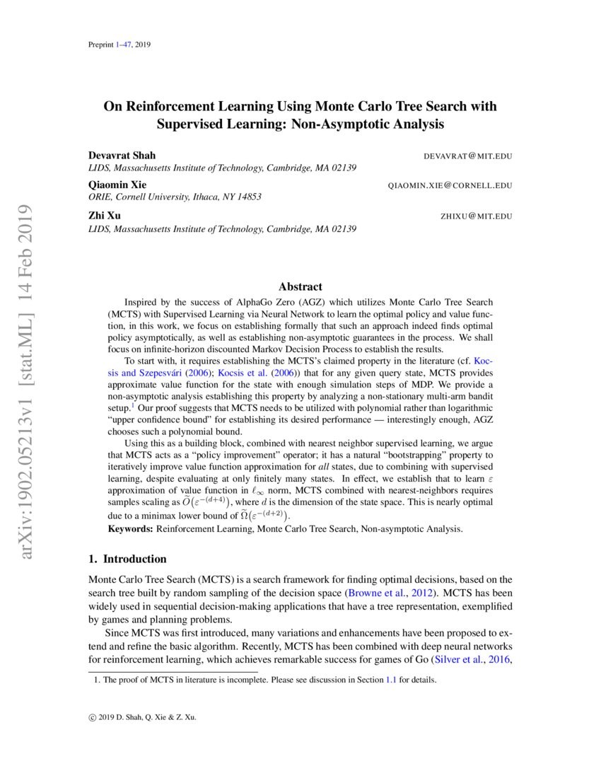 On Reinforcement Learning Using Monte Carlo Tree Search With Supervised Learning Non Asymptotic