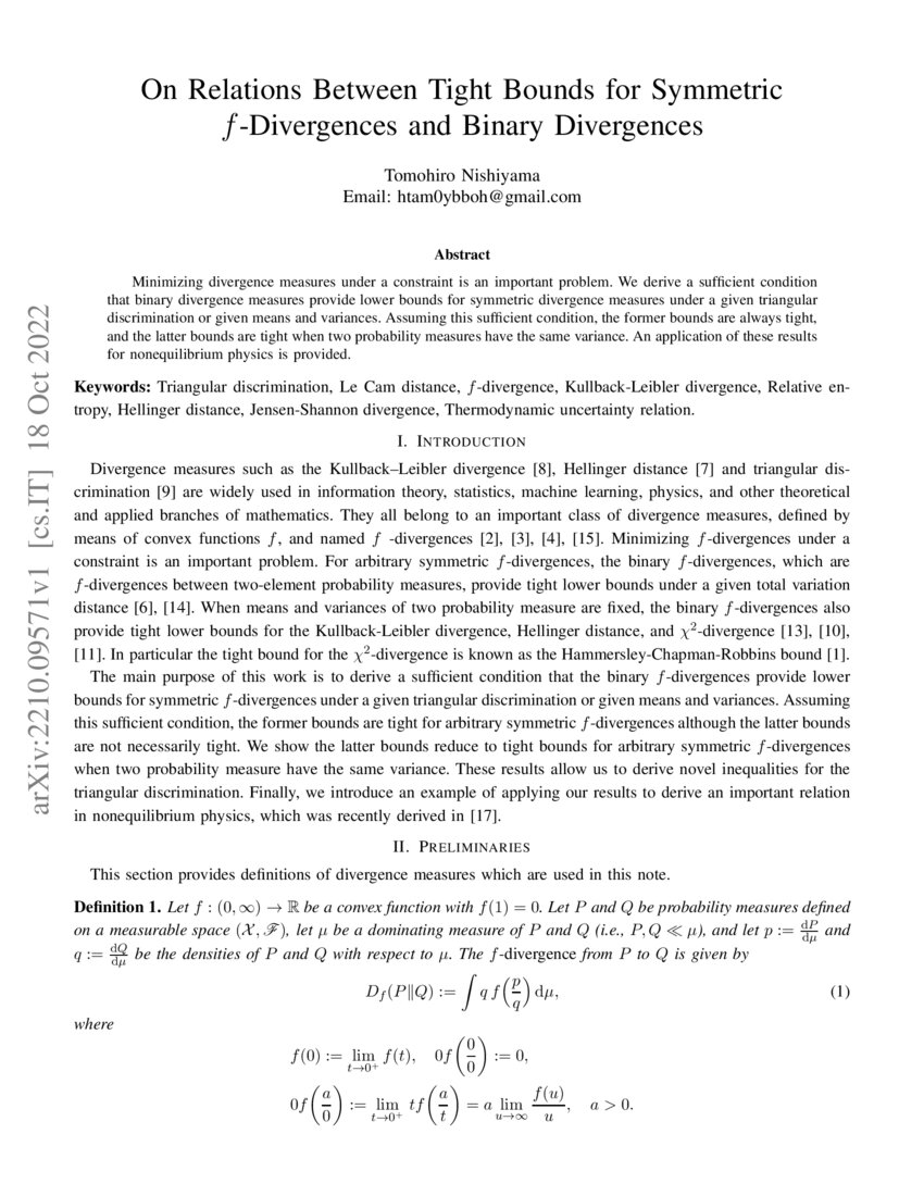 On Relations Between Tight Bounds for Symmetric f-Divergences and Binary Divergences | DeepAI